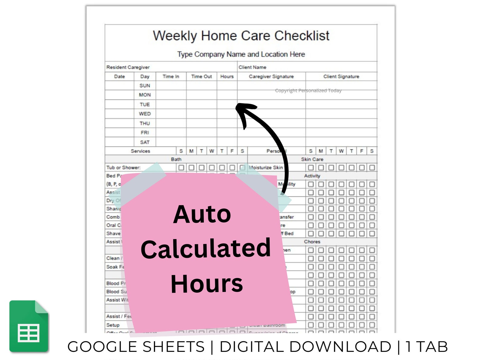 Daily Weekly Home Care Checklist and Timesheet Caregiving Sunday Start ...