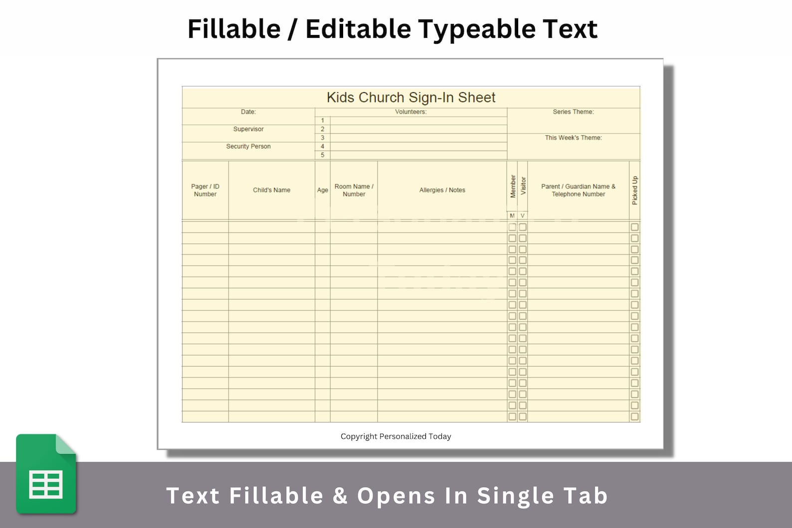 Google Sheets Kids Church Sign in Sheet Template Text Fillable / Text ...
