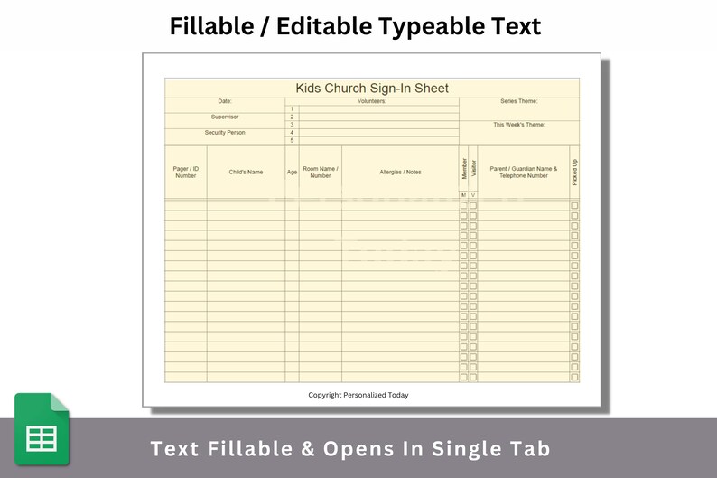 Google Sheets Kids Church Sign in Sheet Template Text Fillable / Text ...
