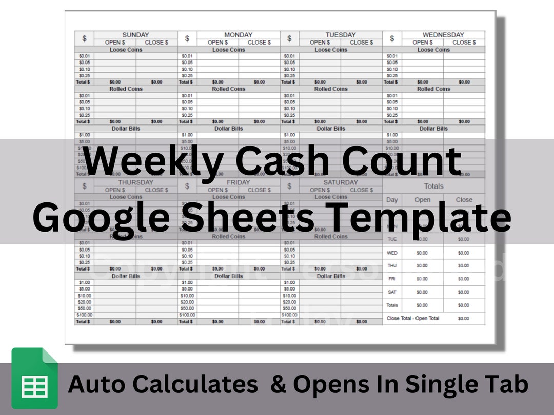 Weekly Cash Register Count Google Sheets Editable Spreadsheet Template ...
