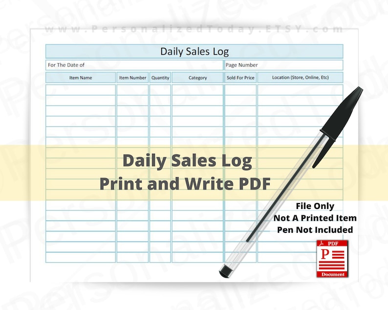 Daily Sales Log Sheet Printable and Fillable PDF Digital - Etsy