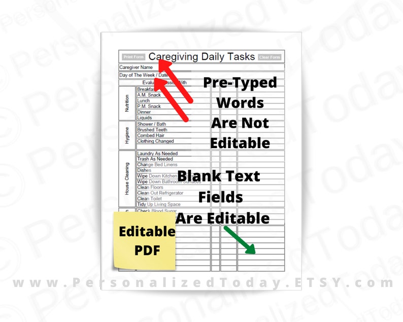 Caregiving Daily Tasks ADL Log Printable and Editable PDF | Etsy