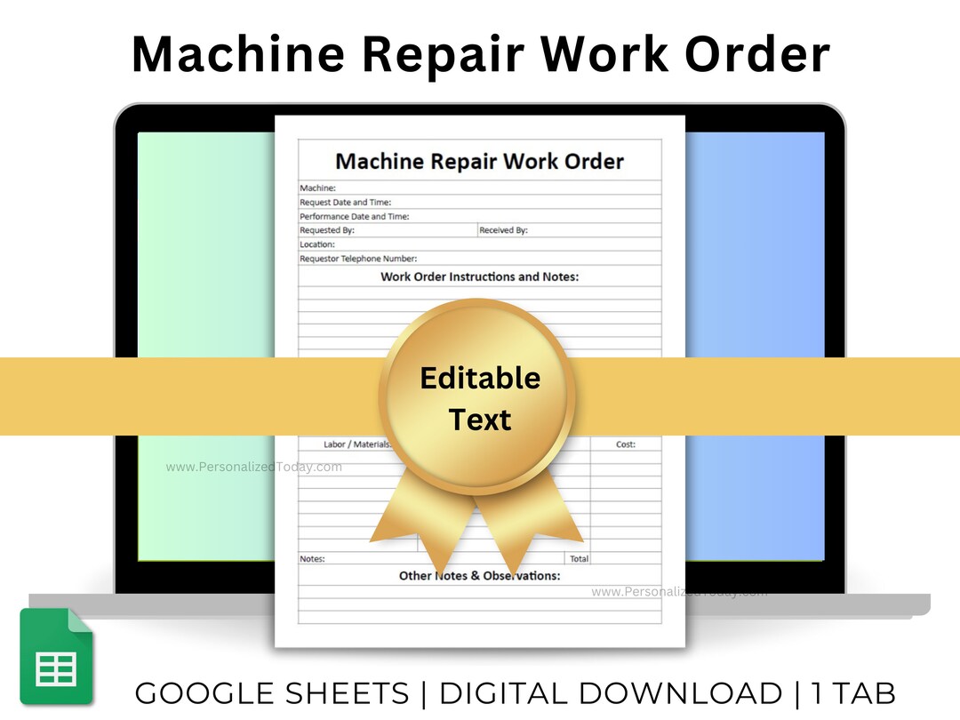 Basic Machine Work Order Form Equipment Service and Repair Technician ...