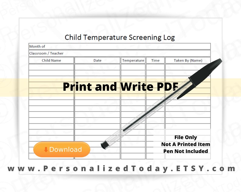 Monthly Child Temperature Screening Log Printable and Fillable - Etsy
