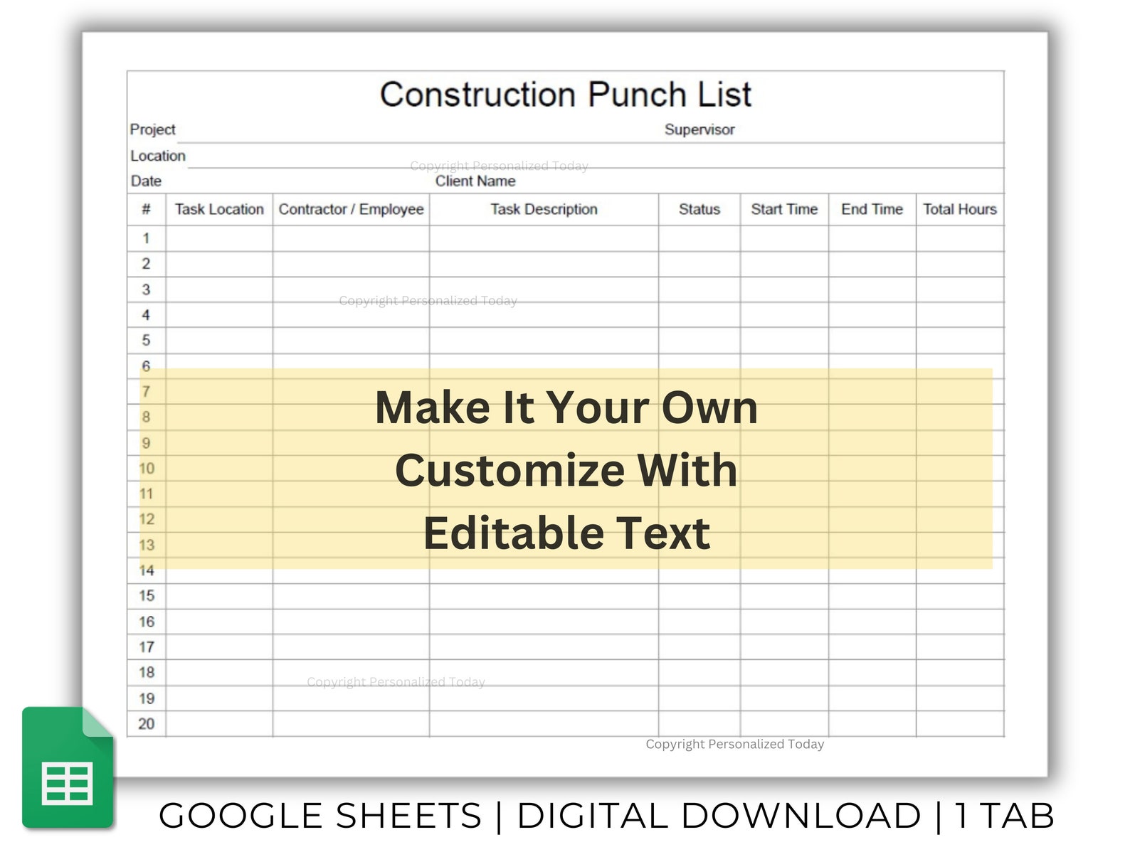 Construction Punch Out List Google Sheets Labor Hours and Tasks Form ...