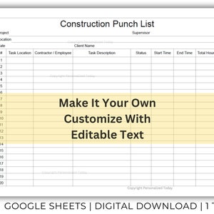 Construction Punch Out List Google Sheets Labor Hours and Tasks Form ...