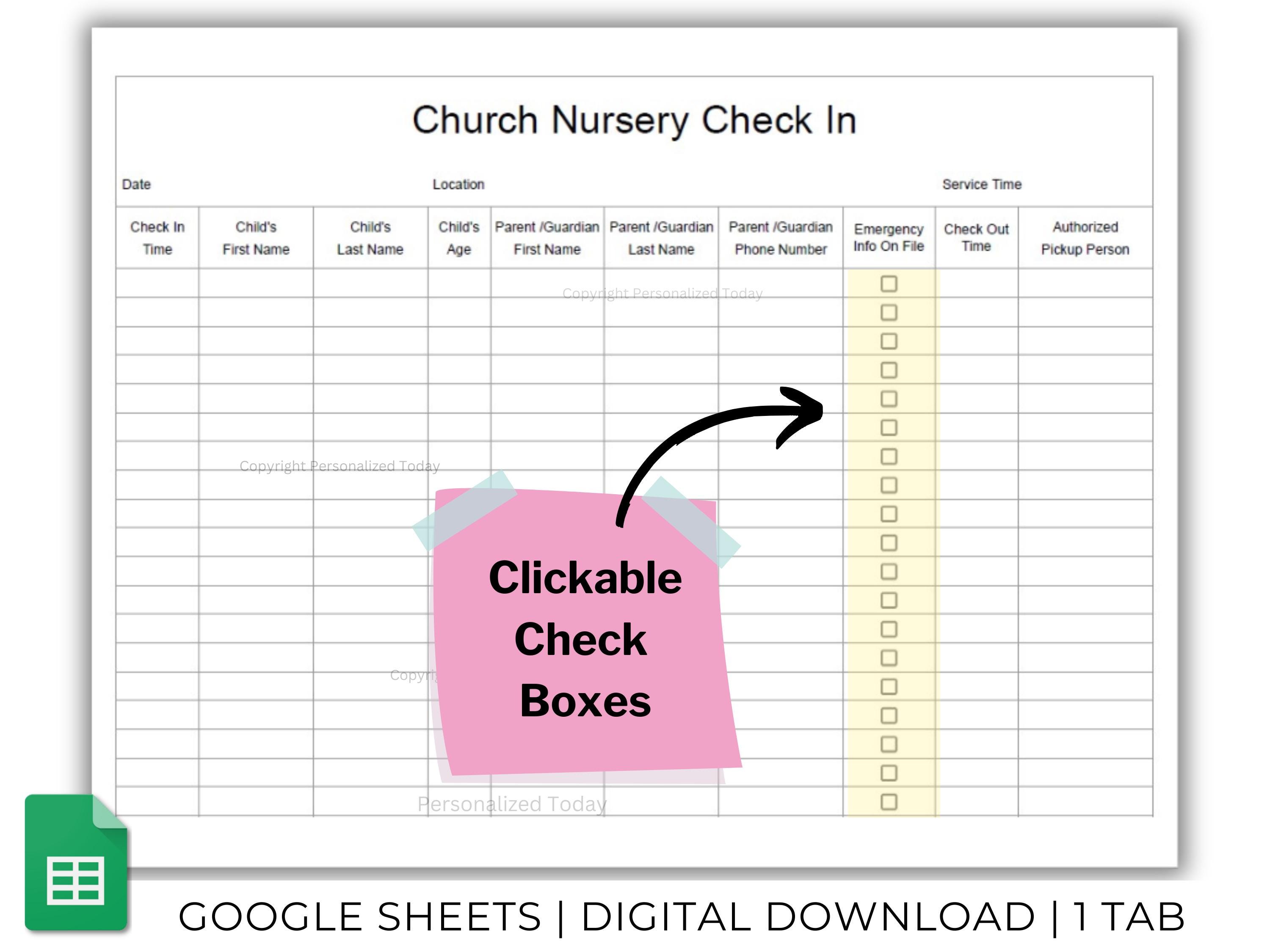 Google Sheets Church Nursery Check in and Out Sheet - Kids Church ...