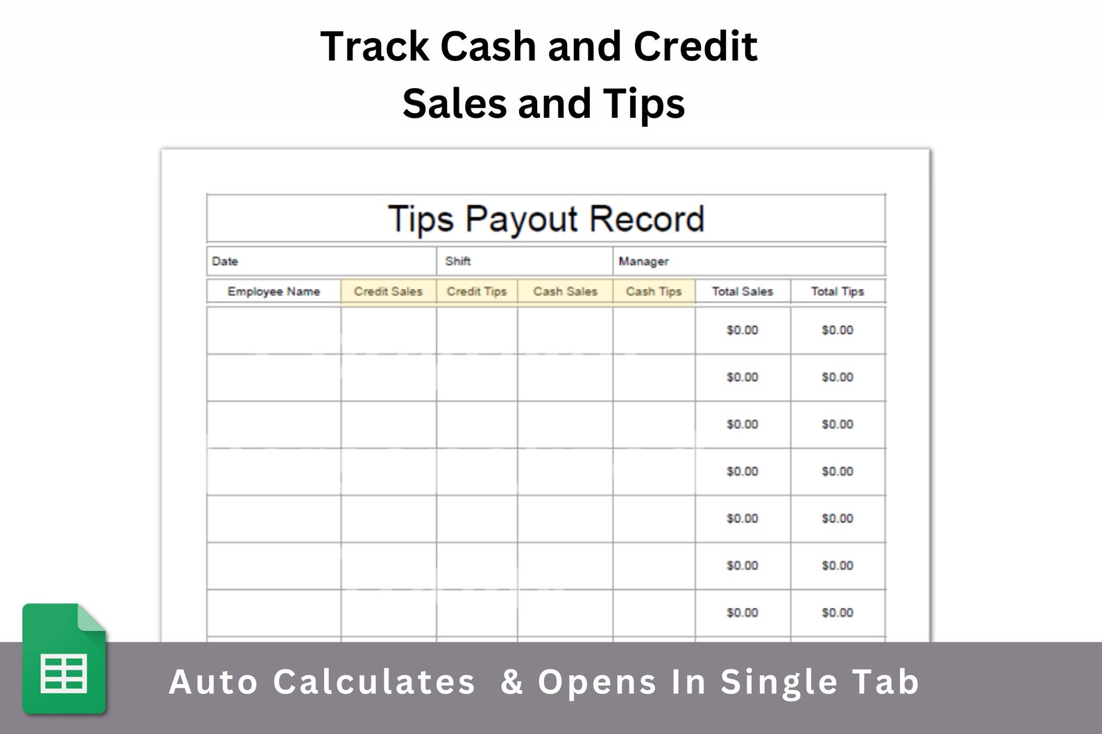 Tips Payout Record Cash and Credit Gratuities Spreadsheet With ...