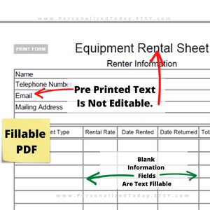 Equipment Rental Sheet Printable PDF Rate and Condition Checkout for ...