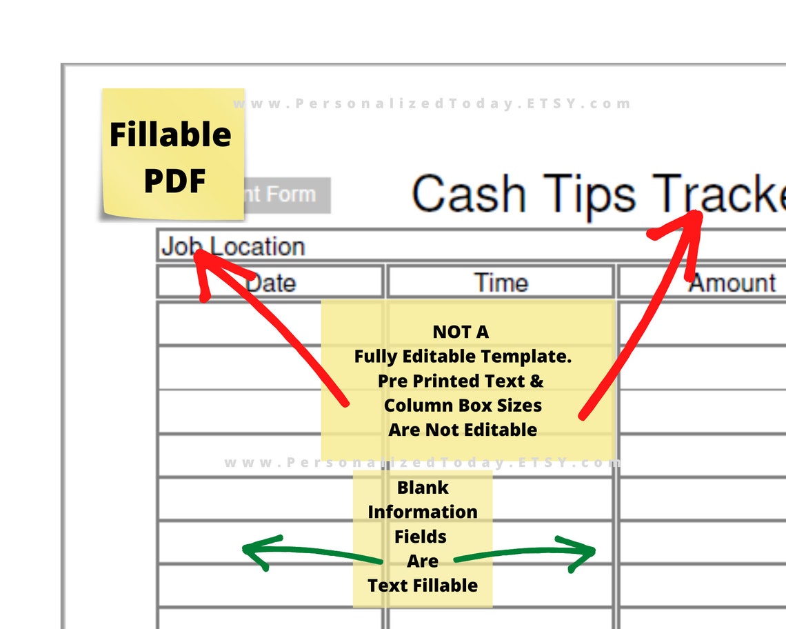 Cash Tips Tracker Fillable and Print and Write PDF Digital - Etsy