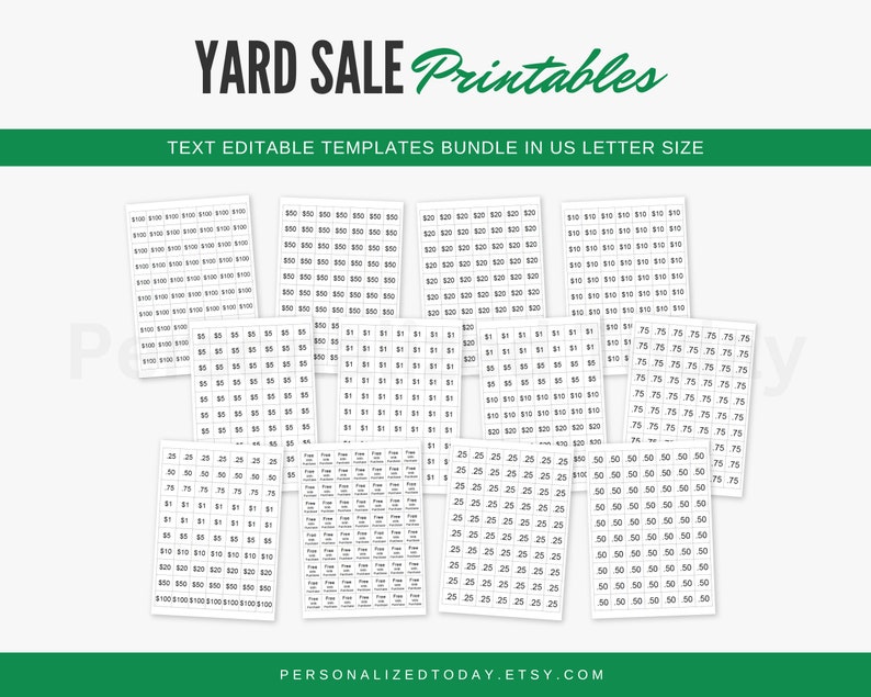 Garage Sale or Yard Sale Labels Printable Pricing Tags Text & Number ...