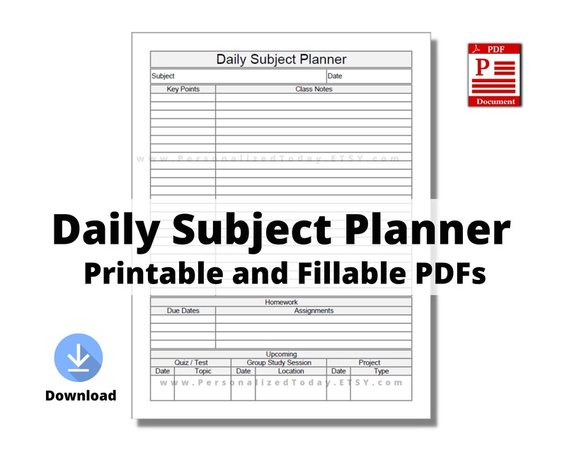 Printable Daily Subject Planner Fillable and Print and Write - Etsy