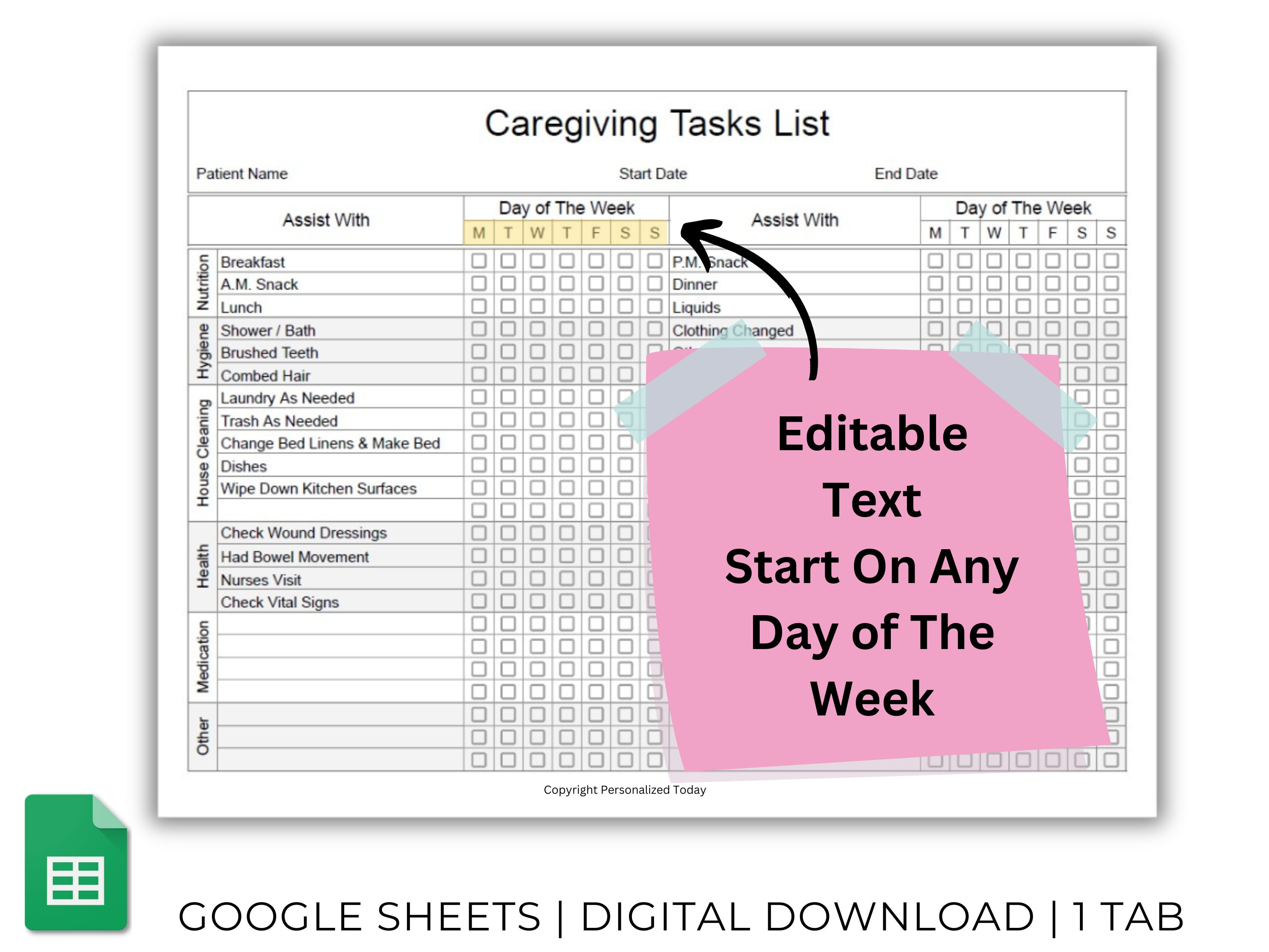 Daily Weekly Homecare Checklist Elder Home Caregiver Tasks Chart Text ...