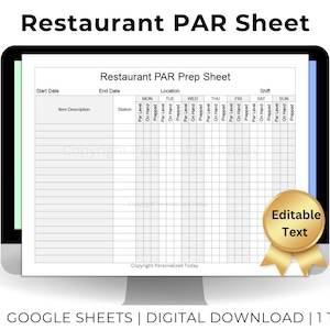 Restaurant Inventory PAR Prep Sheet Monday Start - Text Editable Google ...