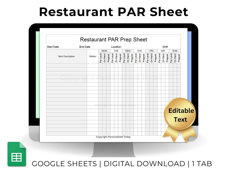 Restaurant Inventory PAR Prep Sheet Monday Start - Text Editable Google ...