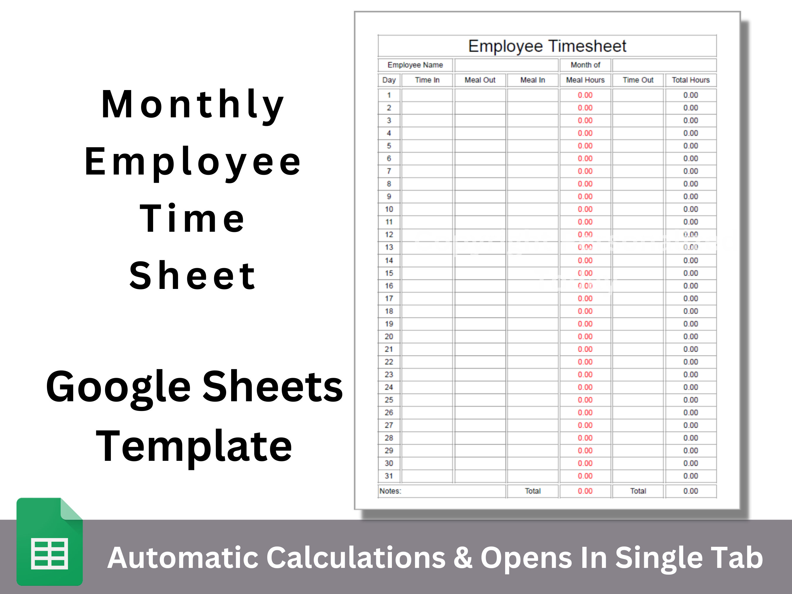 Daily Monthly Employee Timesheet With Meals Google Sheets Editable ...