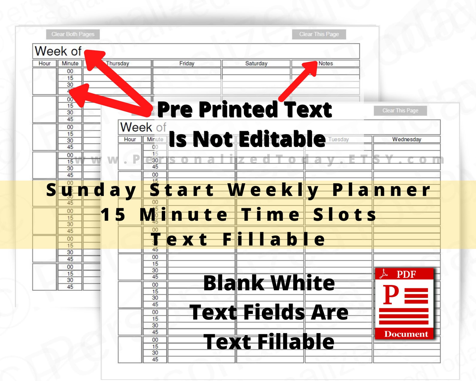 Weekly 15 Minute Time Increment Planner Fillable and Print and - Etsy