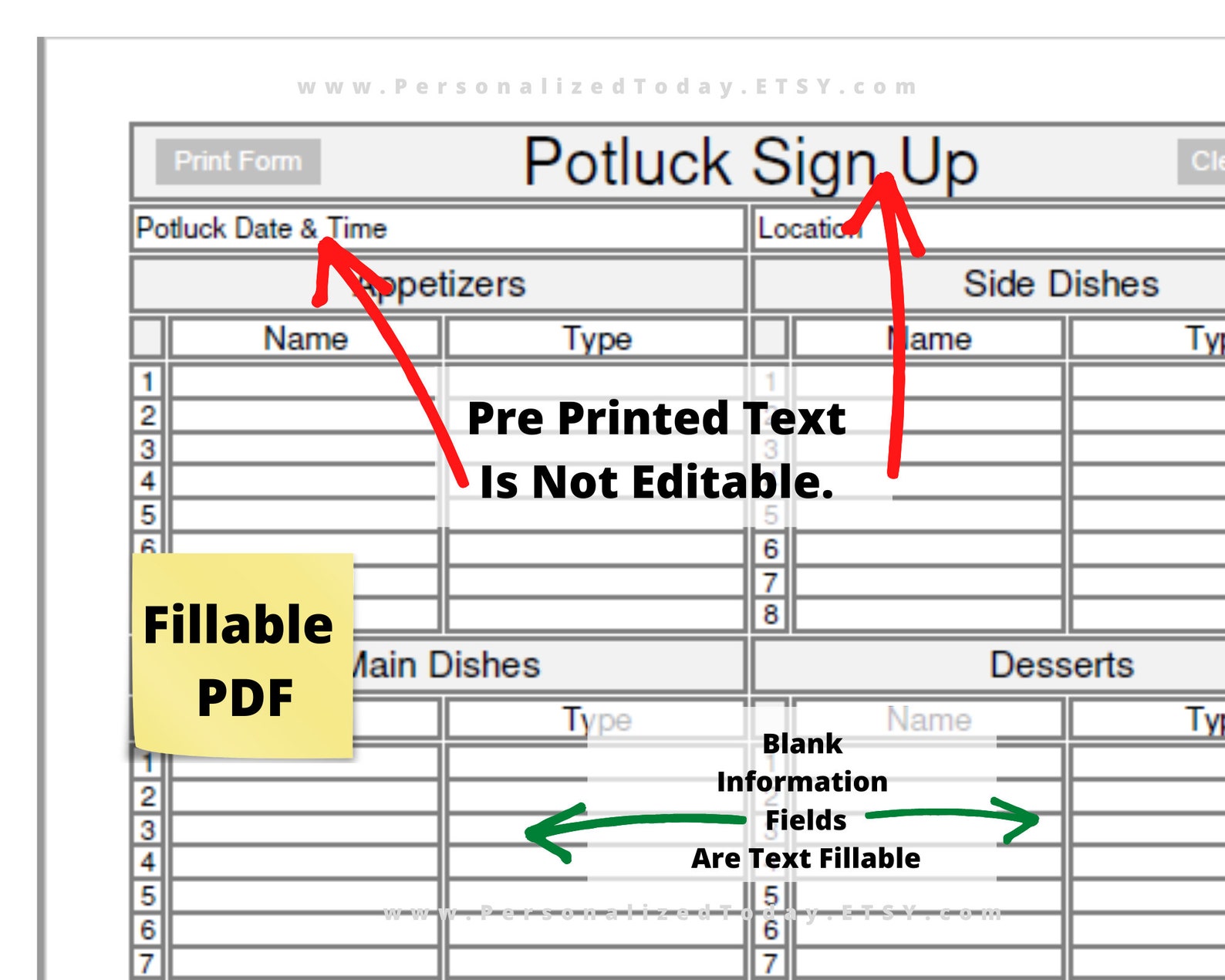 Potluck Dinner Menu Sign up Form Print and Write and Fillable - Etsy