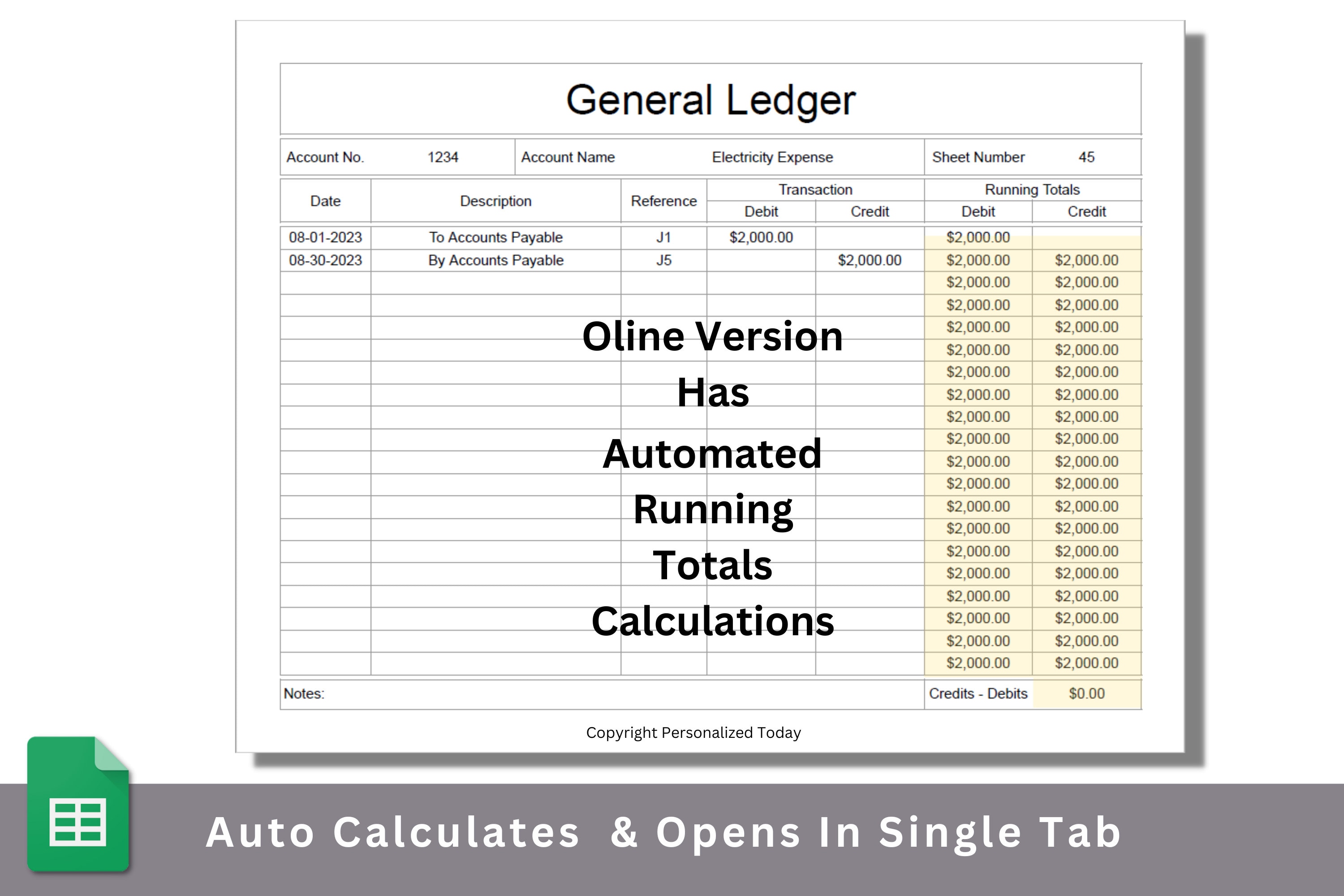 Google Sheets General Ledger Template Text Fillable / Text Editable Spreadsheet Form Printable ...