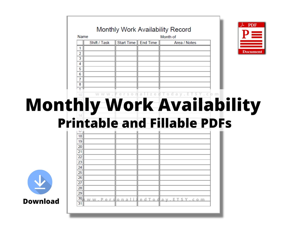 Printable Monthly Employee Availability Tracker Print and - Etsy