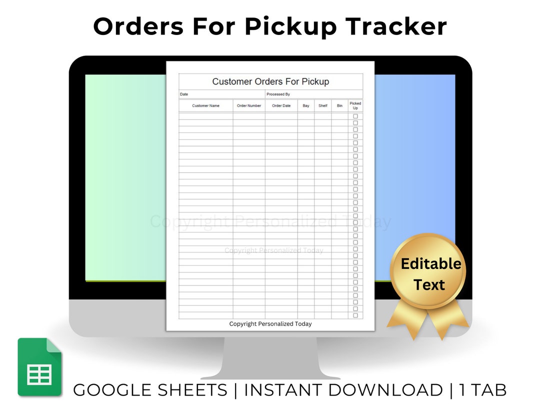 Orders for Pickup Tracker Customer in Person Items Pick up Chart for ...