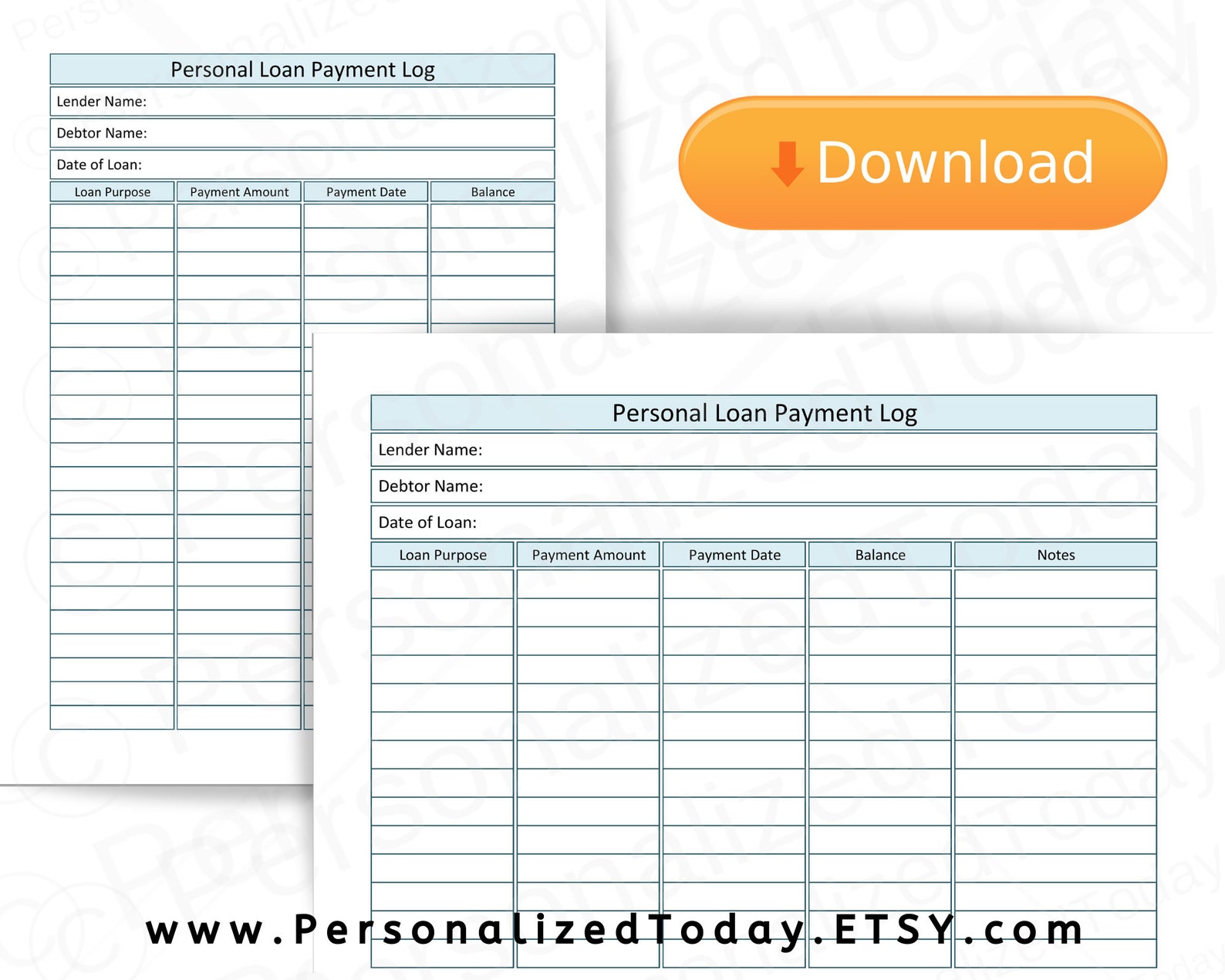 Printable Personal Loan Payment Log Vertical Tall and | Etsy