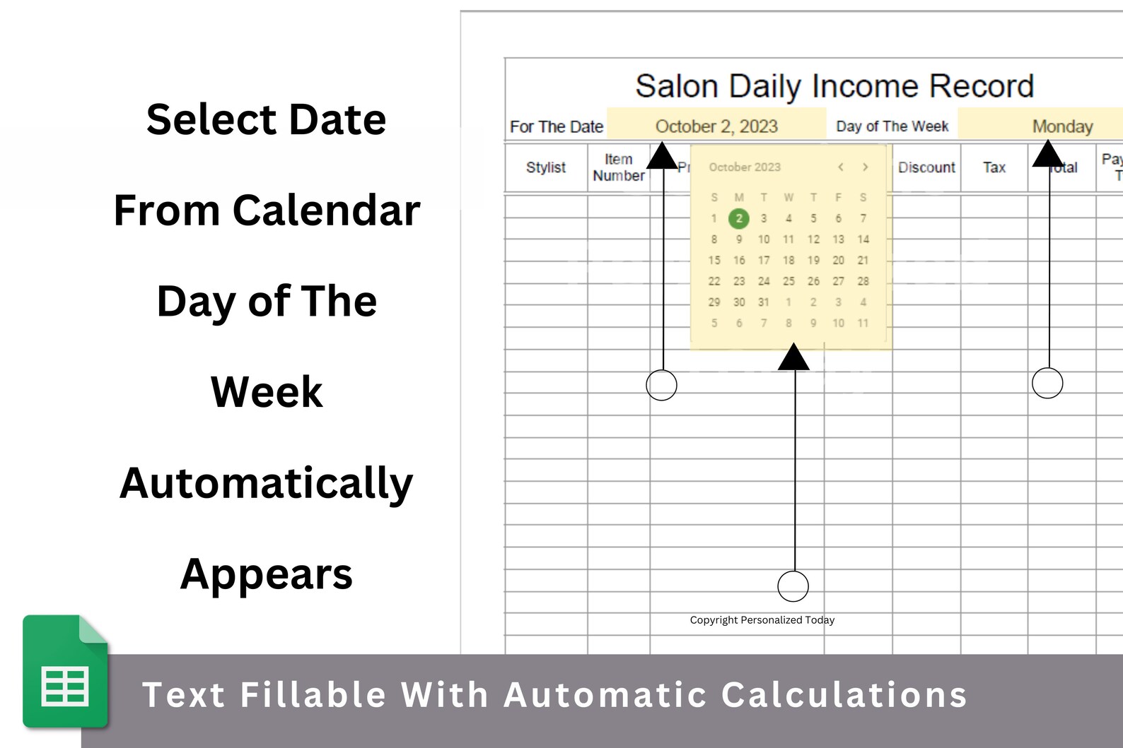Google Sheets Salon Daily Income Record Text Fillable / Text Editable ...