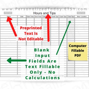Hours and Tips Tracker Print and Write and Text Input Fillable - Etsy