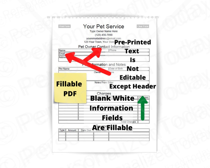 Pet Sitting Service Invoice Fillable PDF With Fillable Text Etsy