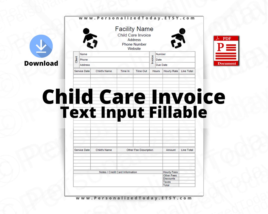 Child Care Invoice Fillable PDF Digital Download Files US Letter Size ...