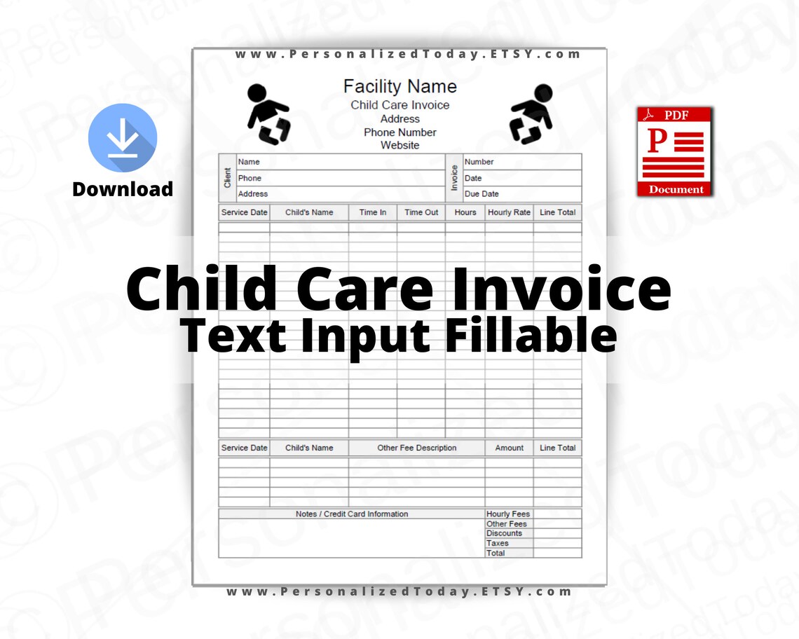 Child Care Invoice Fillable PDF Digital Download Files US Letter Size ...