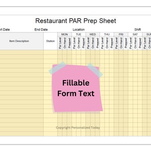 Restaurant Inventory PAR Prep Sheet Monday Start - Text Editable Google ...