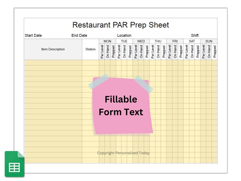 Restaurant Inventory PAR Prep Sheet Monday Start - Text Editable Google ...