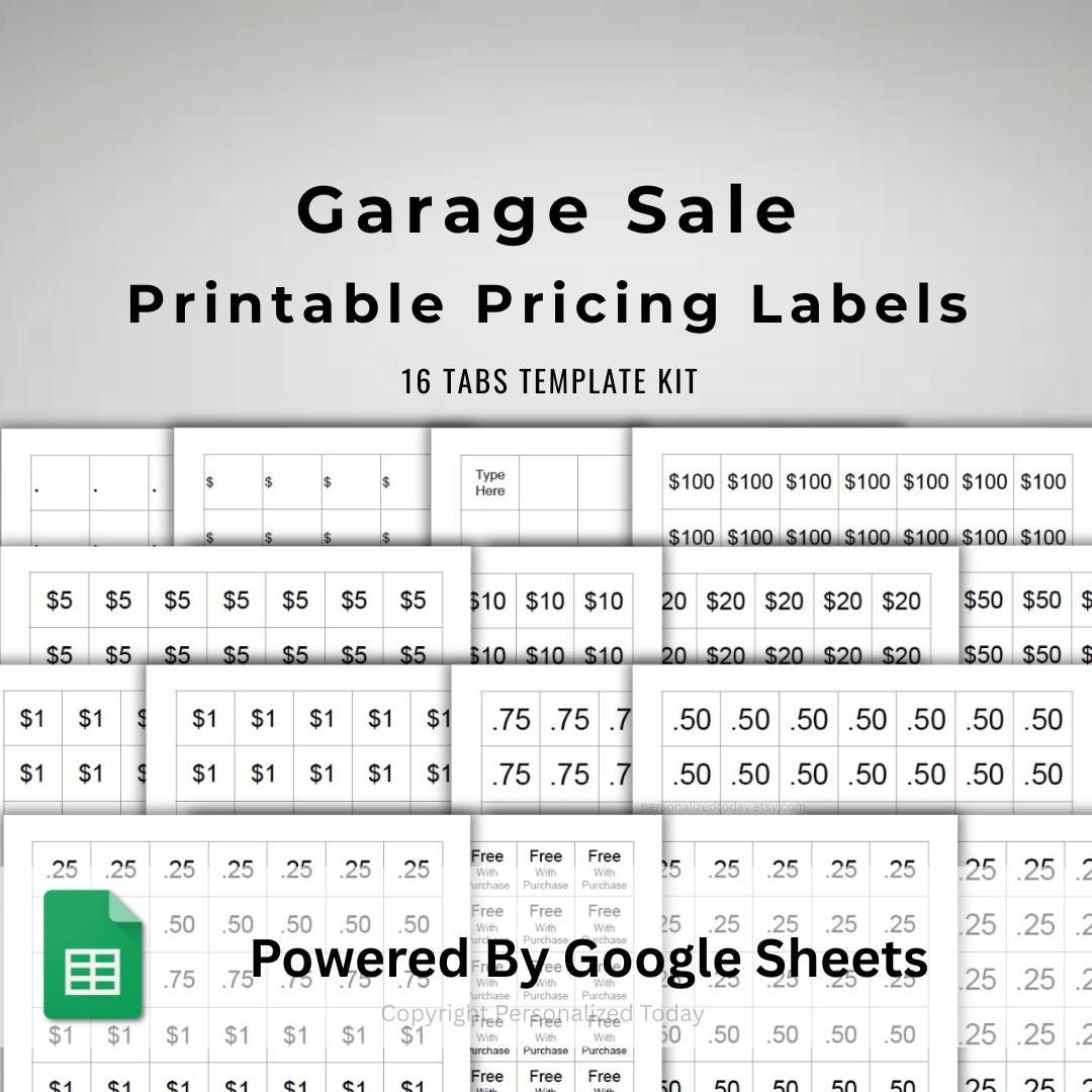 Garage Sale or Yard Sale Labels Printable Pricing Tags Text & Number ...