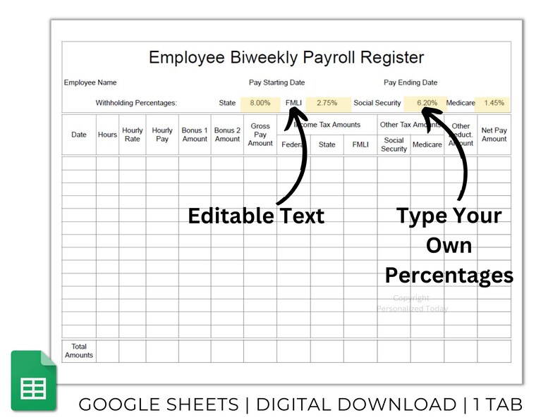 Biweekly Payroll Ledger Google Sheets Template Text Editable Payroll ...