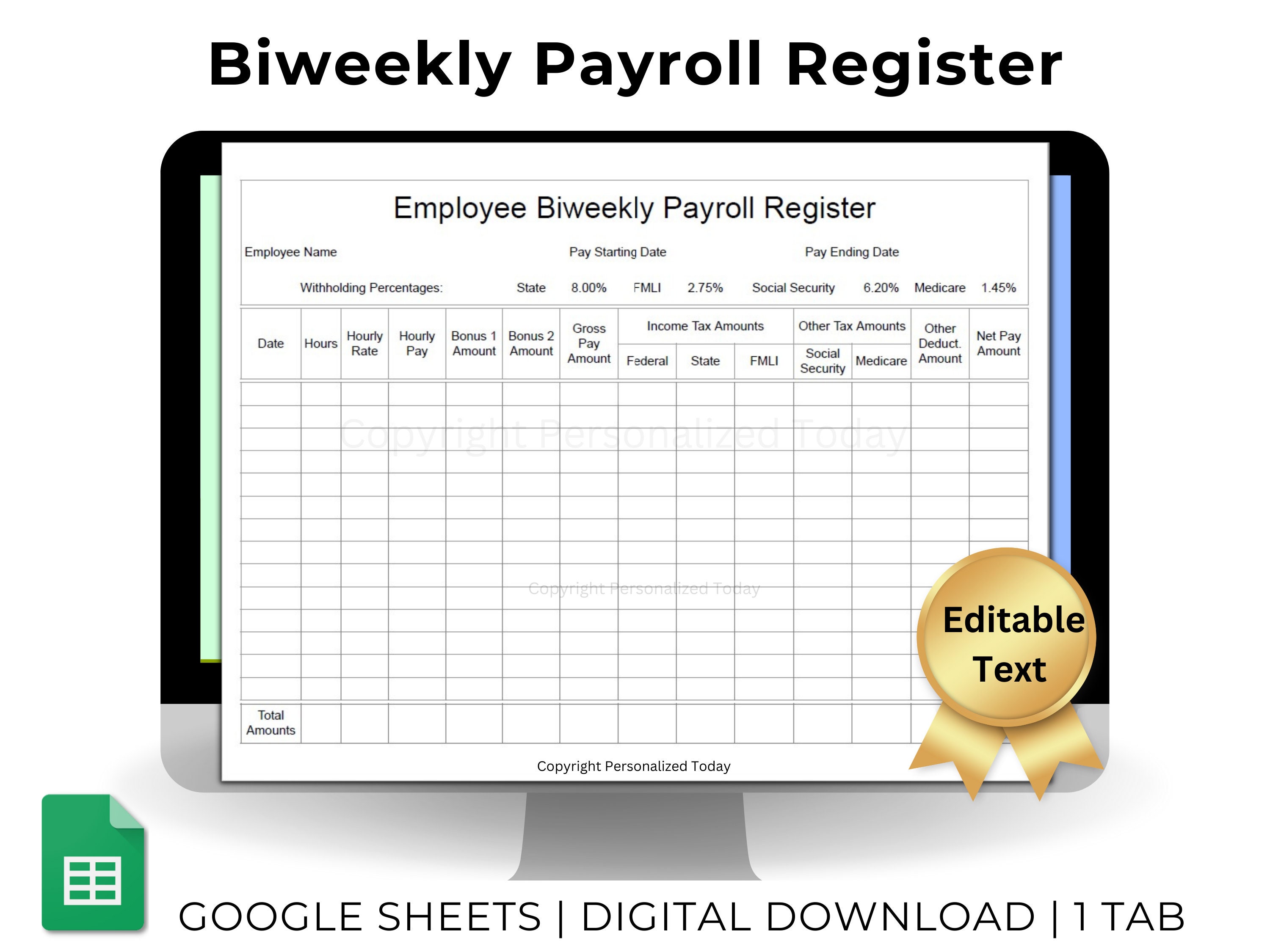 Biweekly Payroll Ledger Google Sheets Template Text Editable Payroll ...