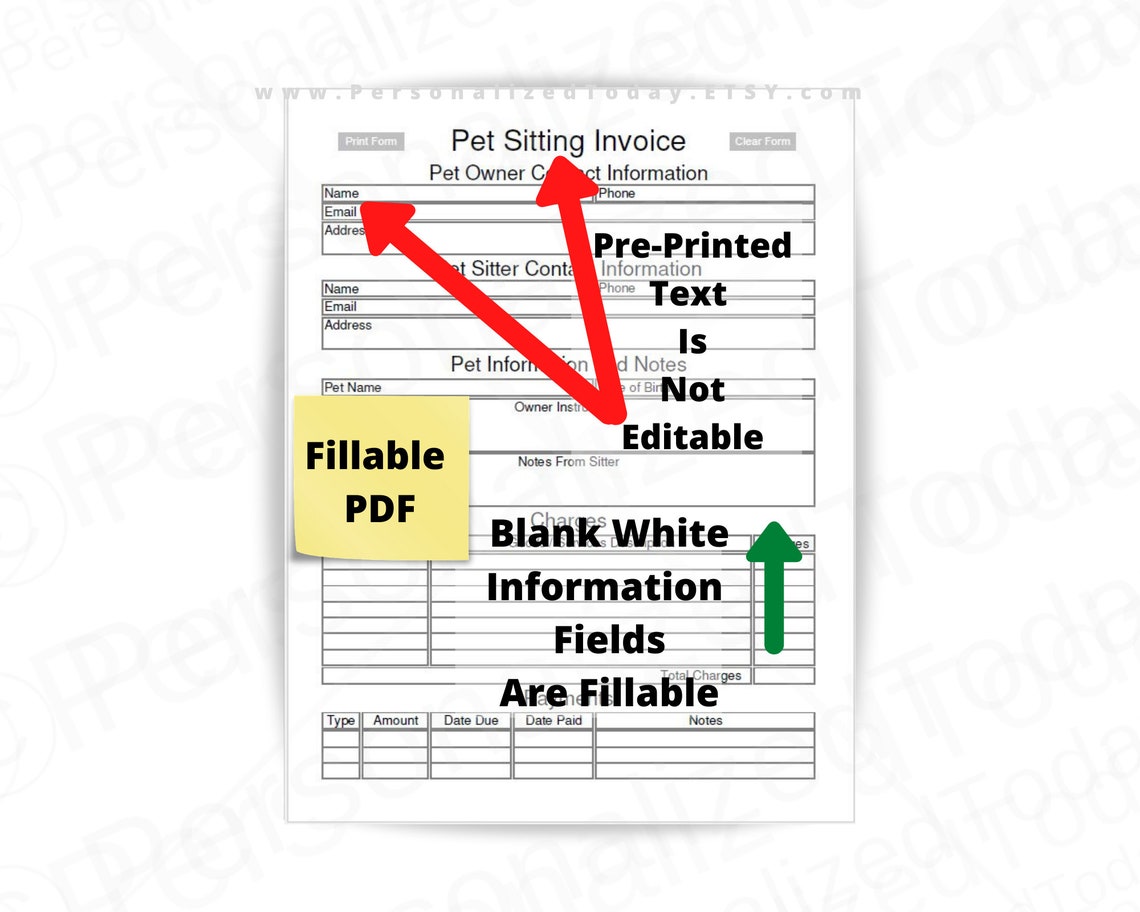 Pet Sitting Service Invoice Printable and Fillable PDF Digital | Etsy
