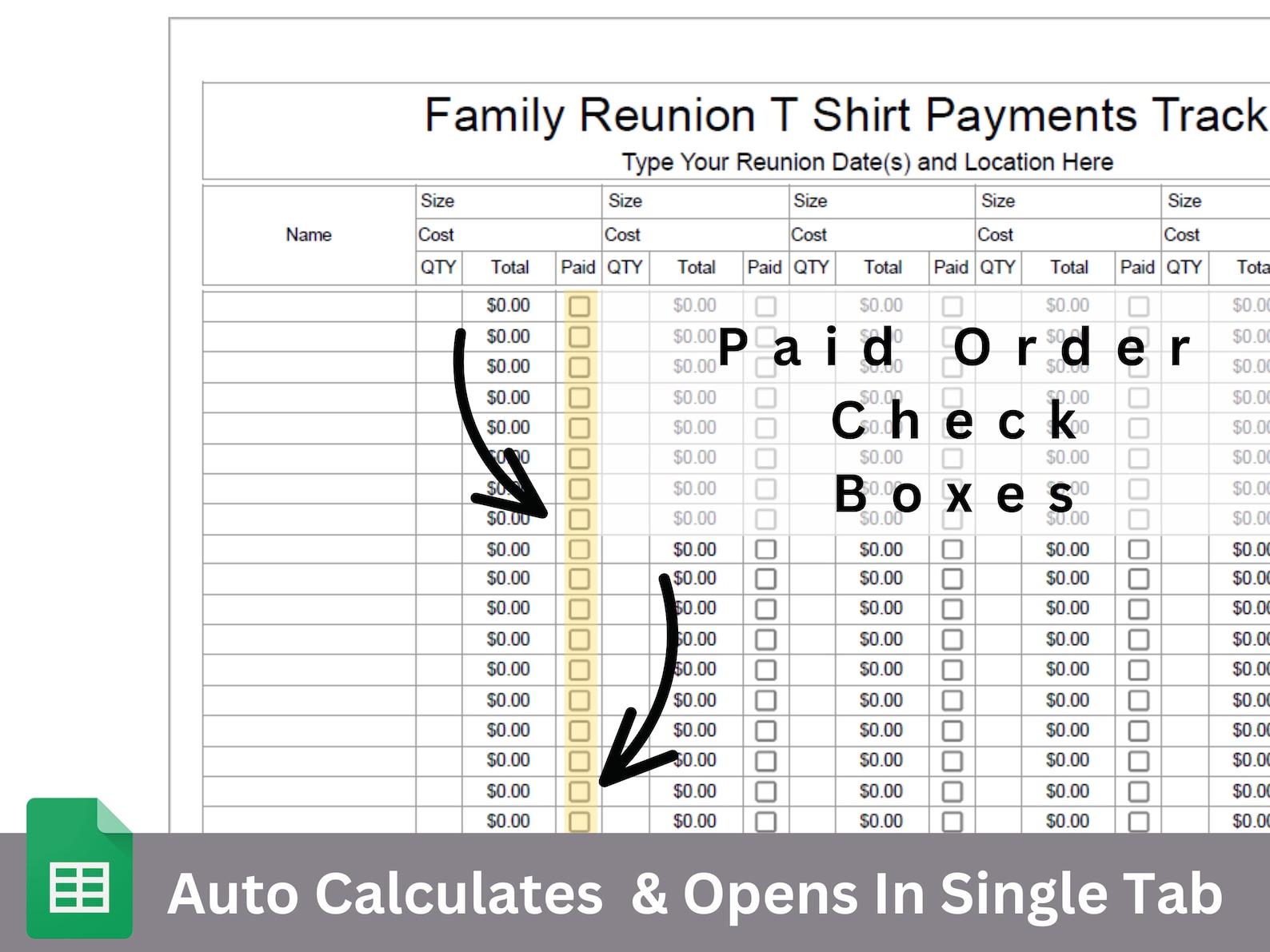 Family Reunion T Shirt Payments and Quantity Count Google Sheets ...