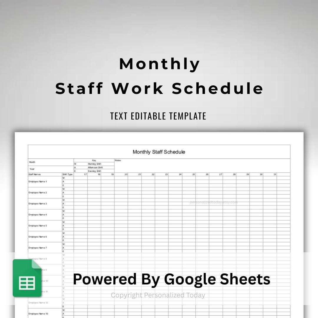 Editable Monthly Staff Schedule for up to 15 Employees | Employee Work ...