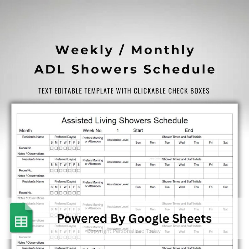 ADL Showers Schedule - Weekly and Monthly Assisted Living Resident ...