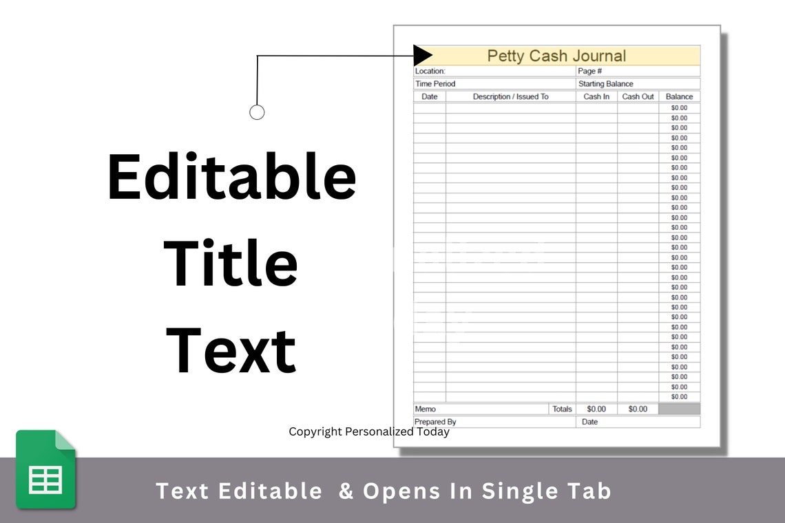 Petty Cash Journal Google Sheets Editable Spreadsheet Template With ...