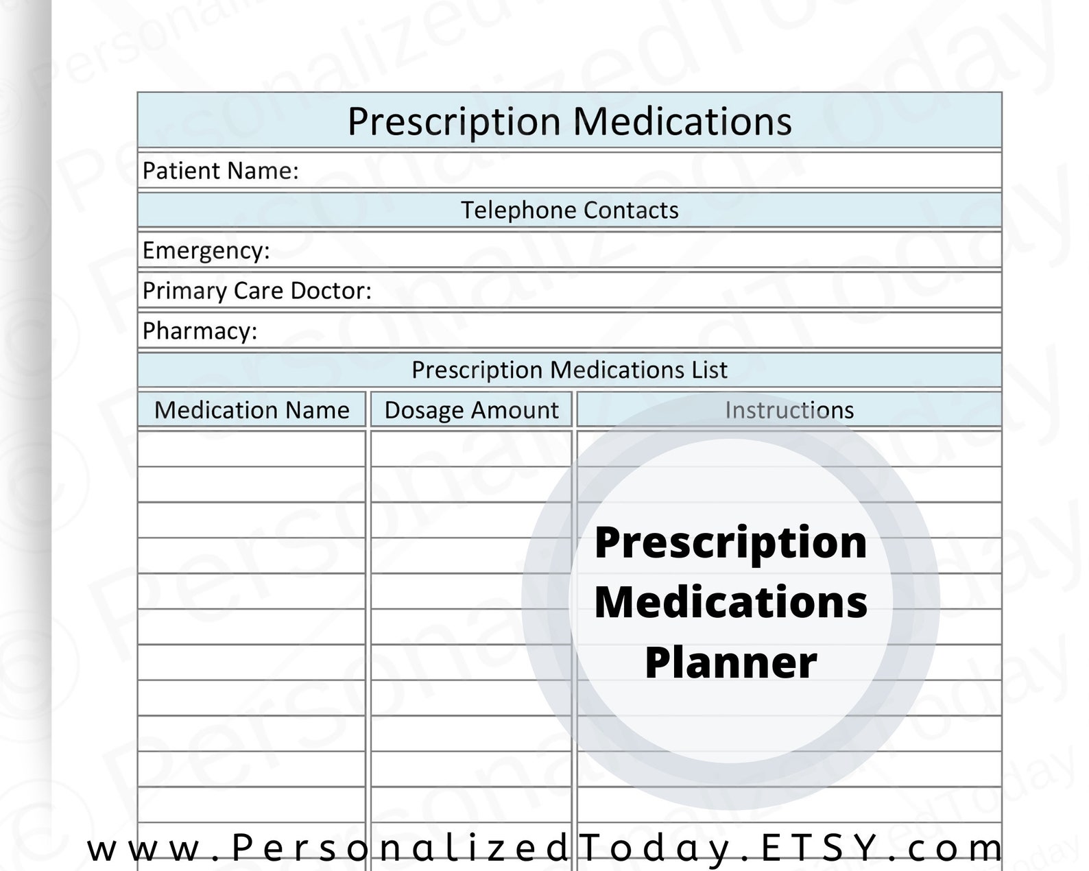 Printable Prescription Medications List PDF Digital Download | Etsy
