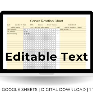 Hostess Rotation Server Seating Chart Checklist for Restaurant Waiters ...