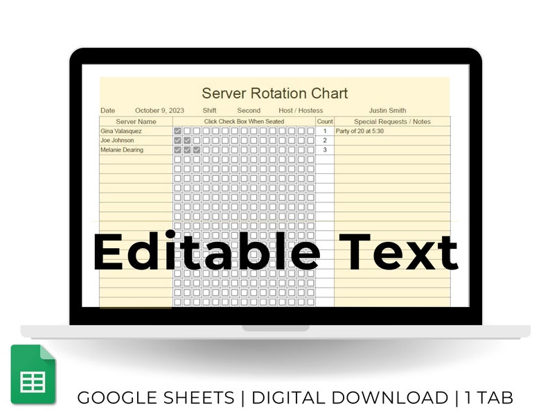 Hostess Rotation Server Seating Chart Checklist for Restaurant Waiters ...