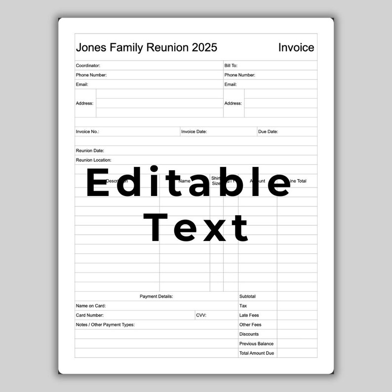 Editable Family Reunion Fees Tracker & Invoice With Automated ...