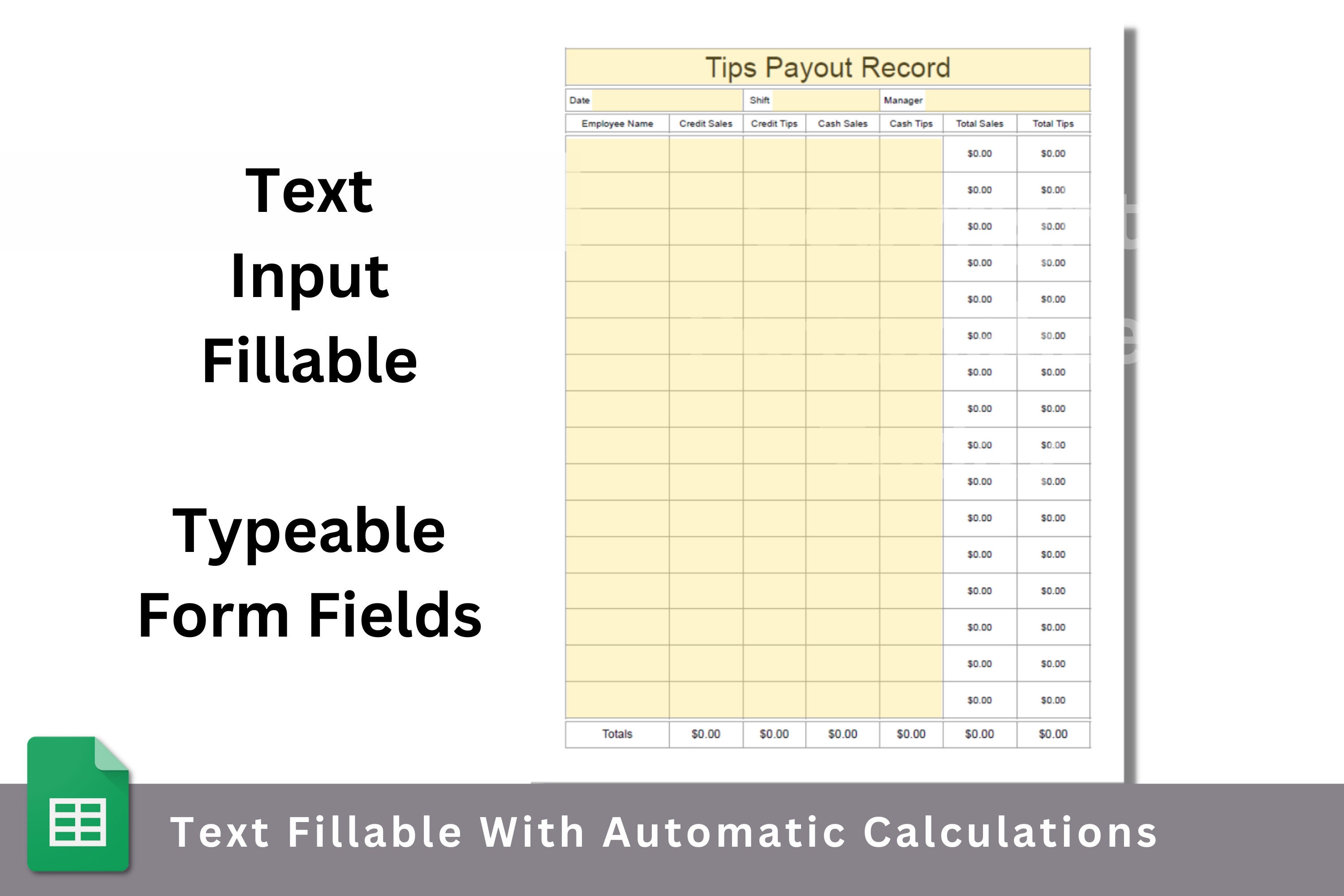 Tips Payout Record Cash and Credit Gratuities Spreadsheet With ...