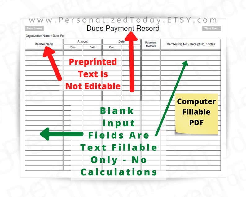 Dues Payment Record Fillable and Print and Write PDF Files US - Etsy