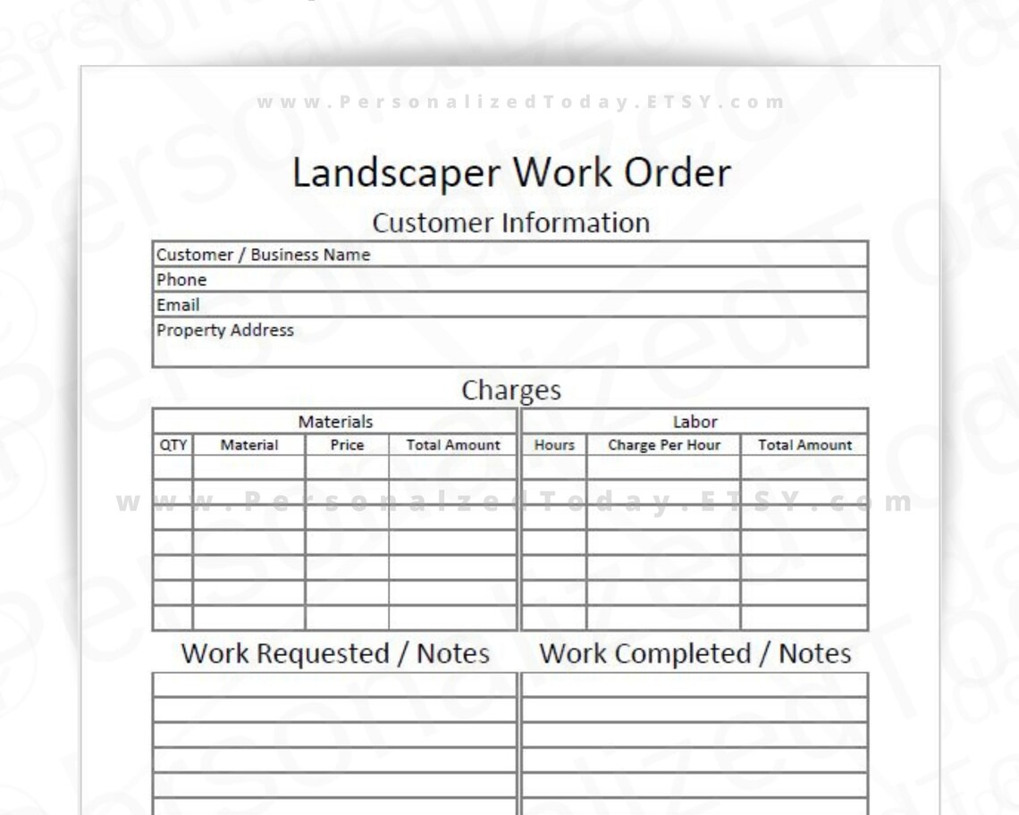 Landscaping Work Order Print and Write and Fillable Pdfs US - Etsy