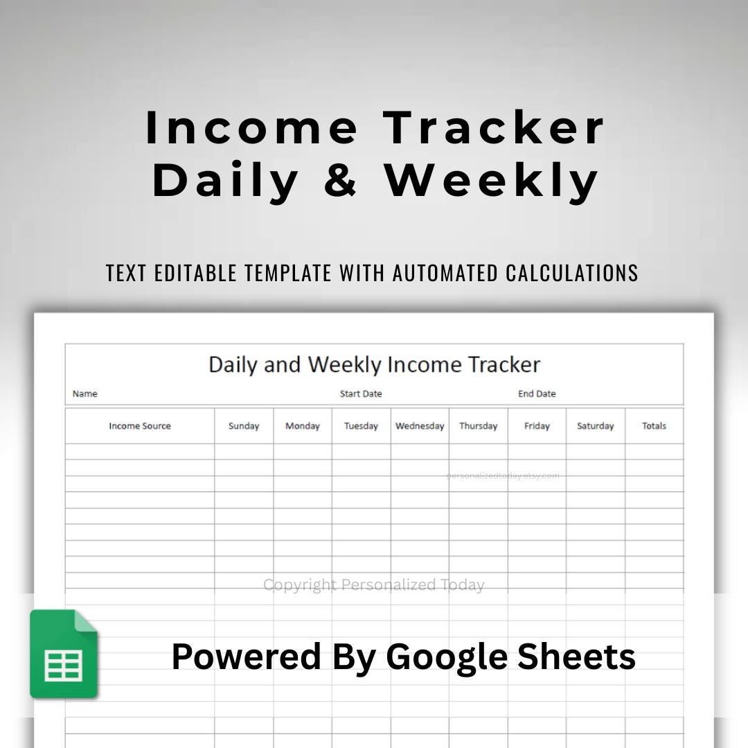 Daily Income Tracker With Weekly Totals Daily Revenue Log Google Sheets ...