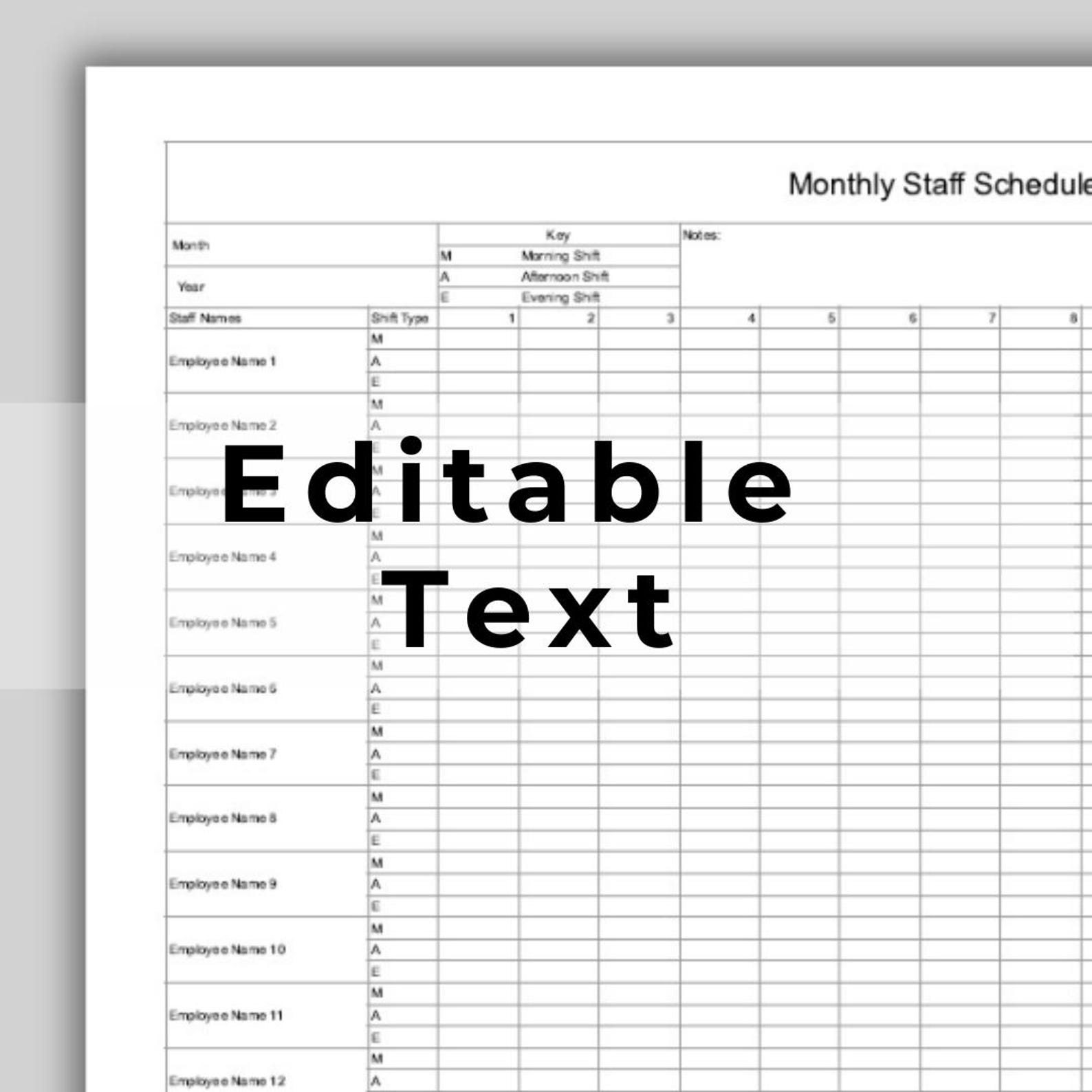 Editable Monthly Staff Schedule for up to 15 Employees | Employee Work ...